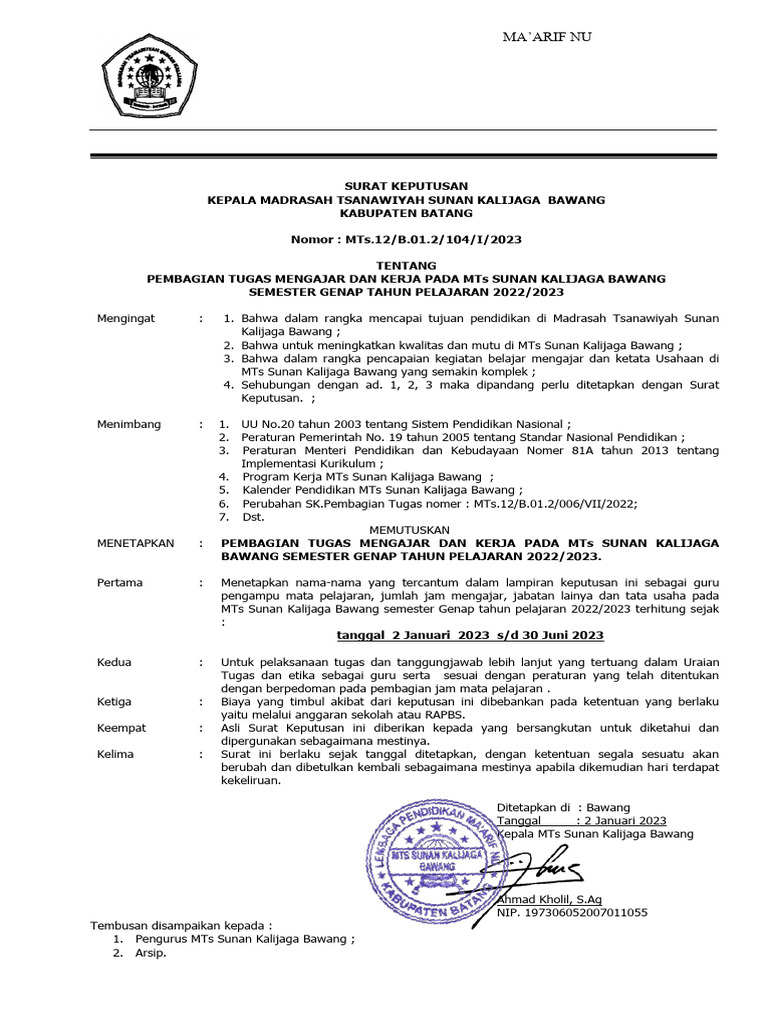 SK. Mengajar Genap 2022-2023 | PDF