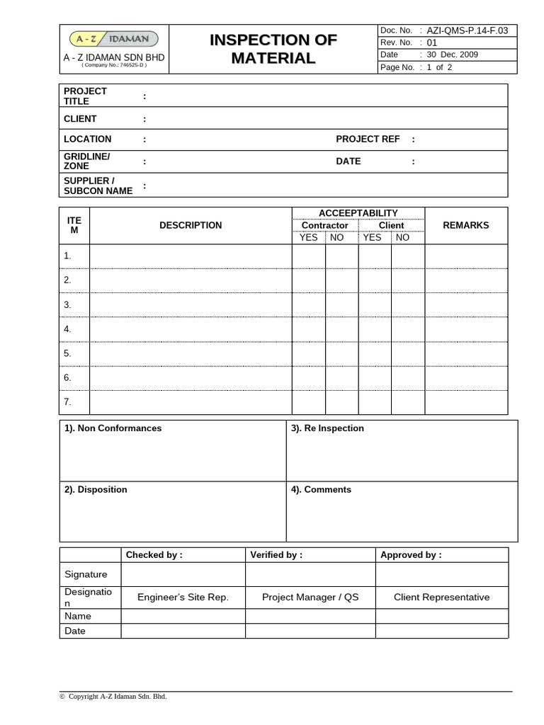 AZI QMS P.14 F.03 Material Inspection | PDF