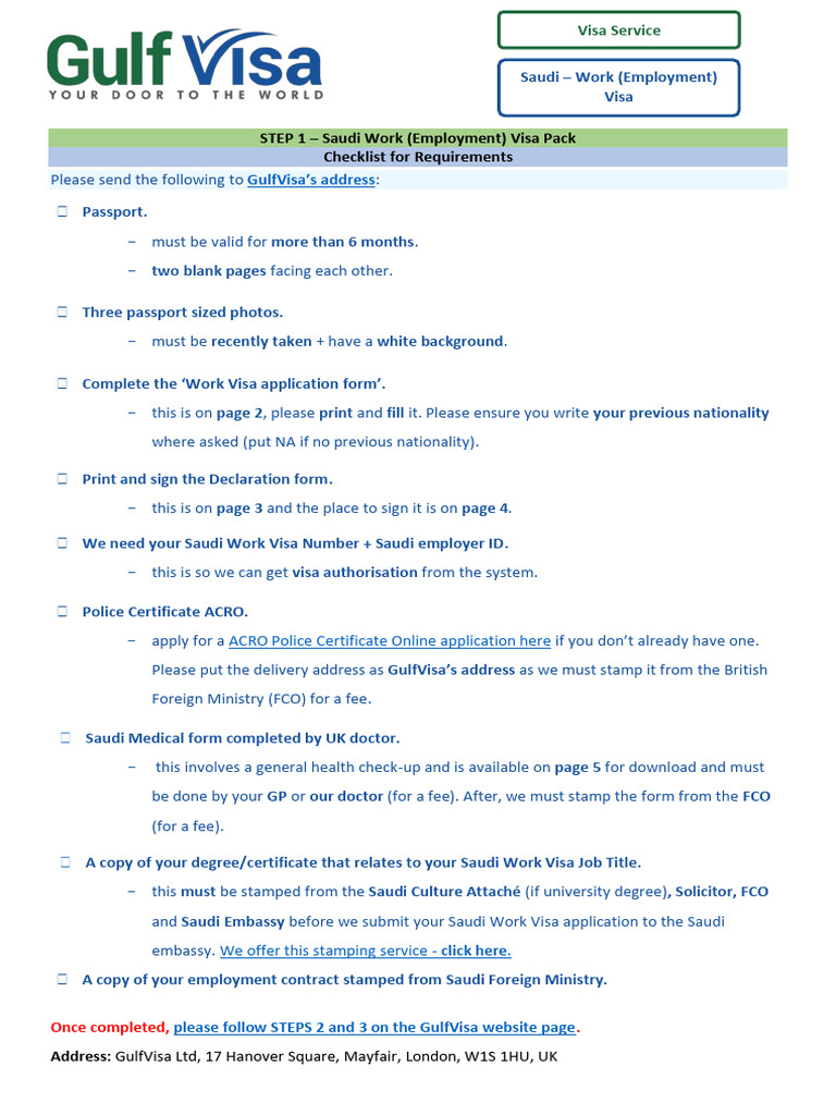 Saudi Work (Employment) Visa Pack | PDF | Travel Visa | Serology