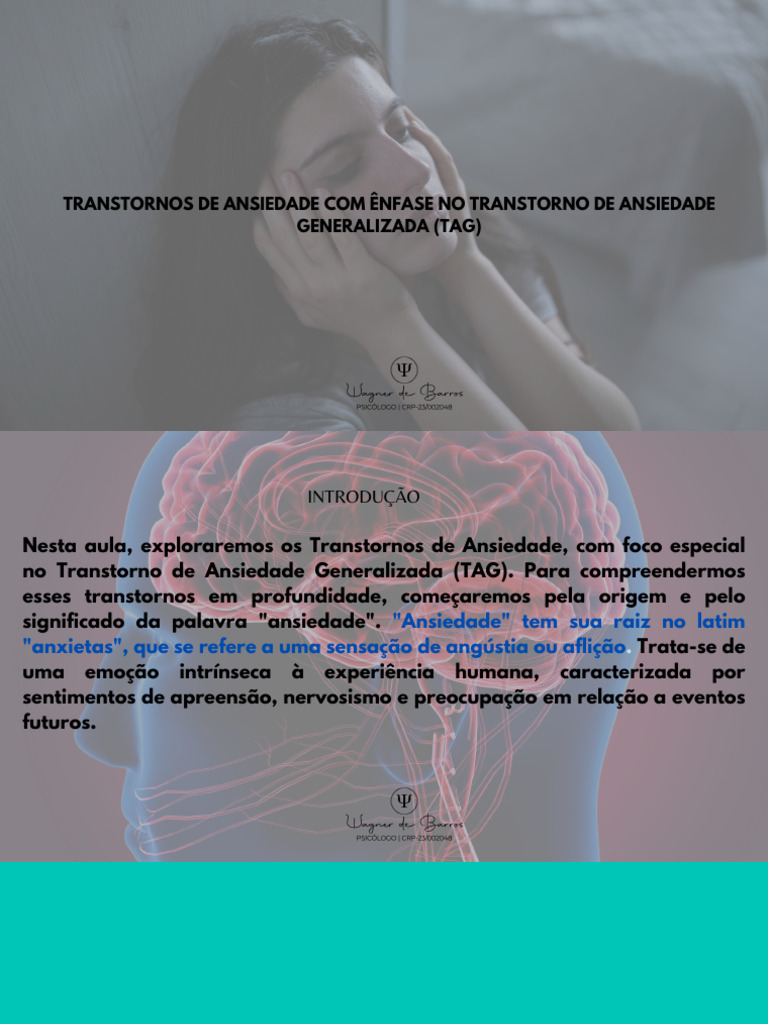 Aula Sobre Transtornos de Ansiedade Com Ênfase No Transtorno de Ansiedade Generalizada (TAG) PDF ...