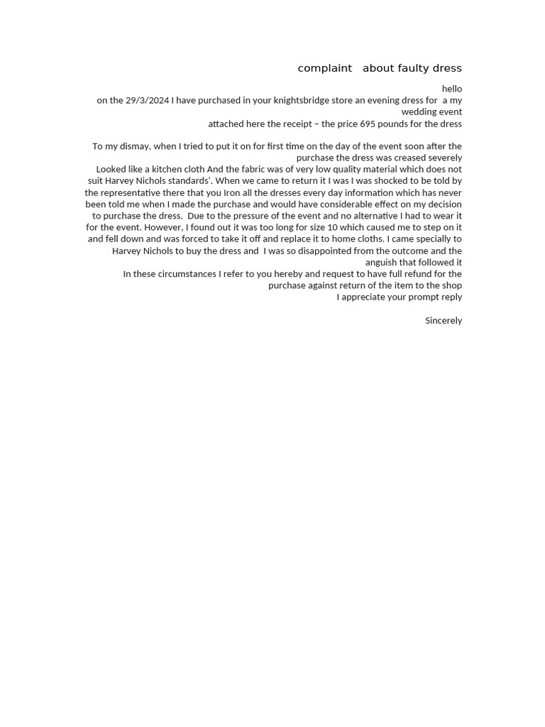 Complaint About Faulty Dress | PDF