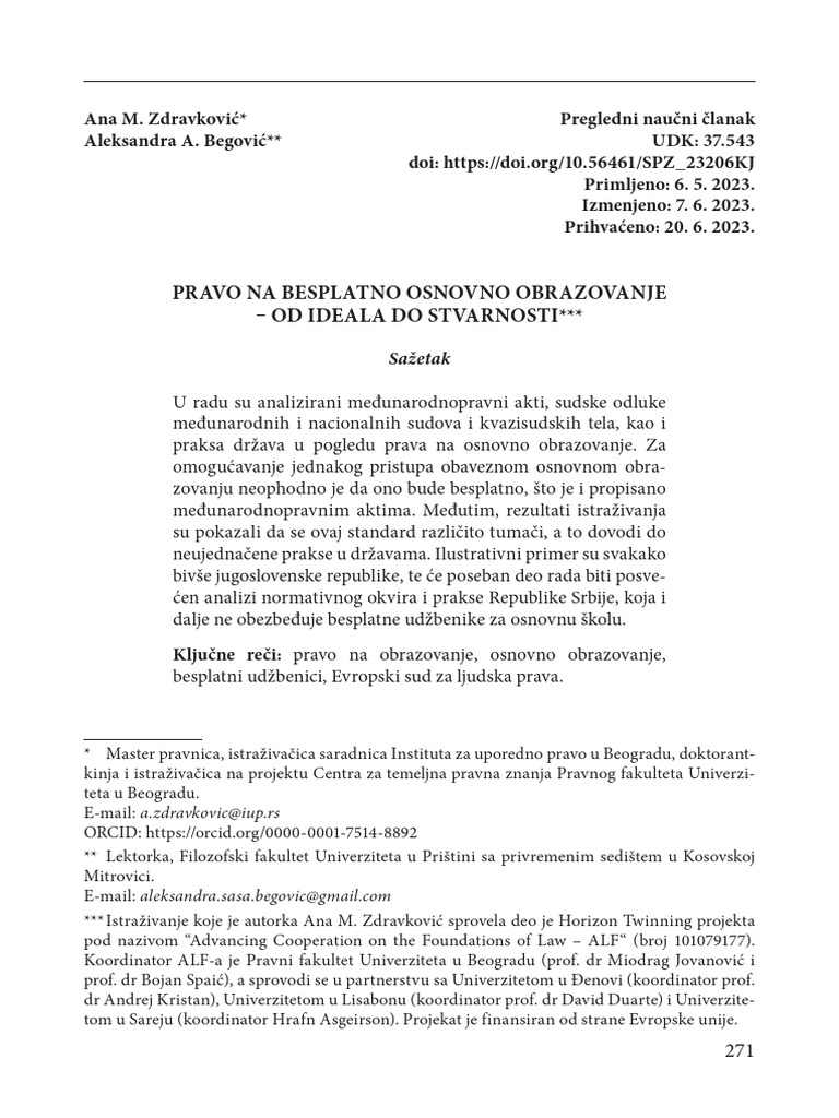 Pravo Na Besplatno Osnovno Obrazovanje o | PDF