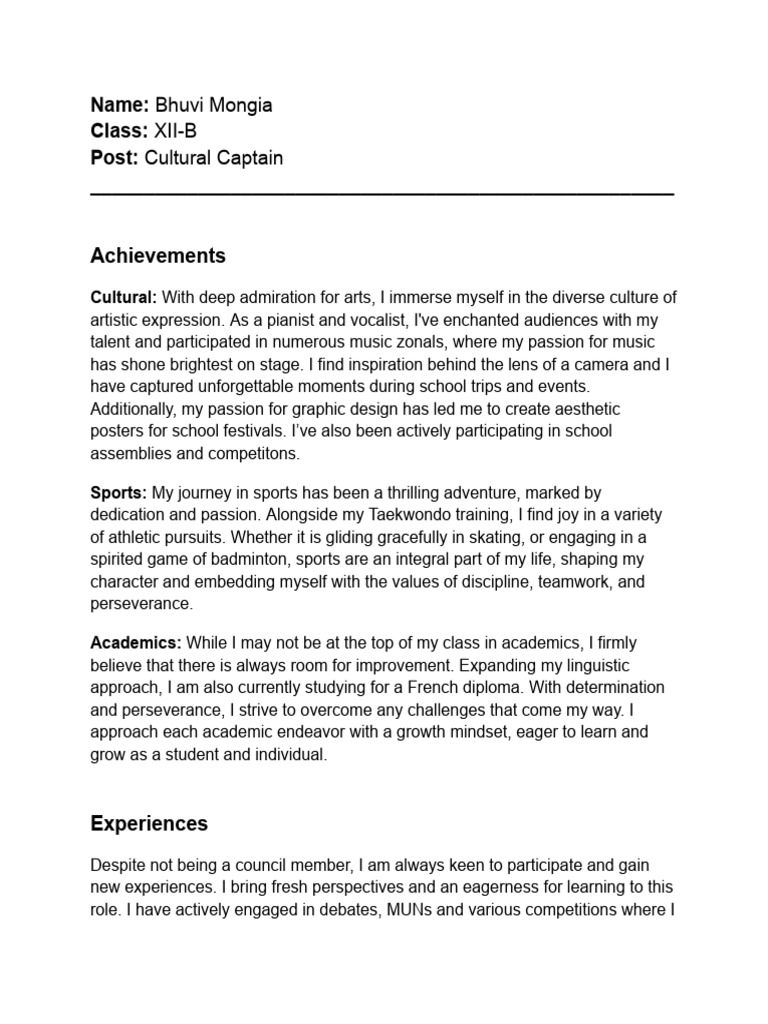 Profile of Bhuvi Mongia (XII-B) For Cultural Captain | PDF | Social ...