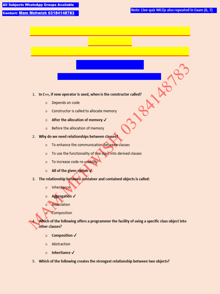 CS304P MCQs Mids 2024 Mam Mehwish | PDF | Class (Computer Programming) | Inheritance (Object ...