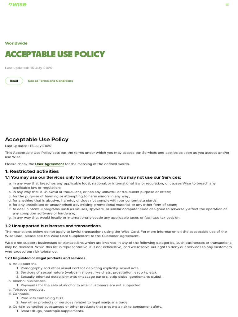 Wise Acceptable Use Policy Overview | PDF | Money | Wire Transfer