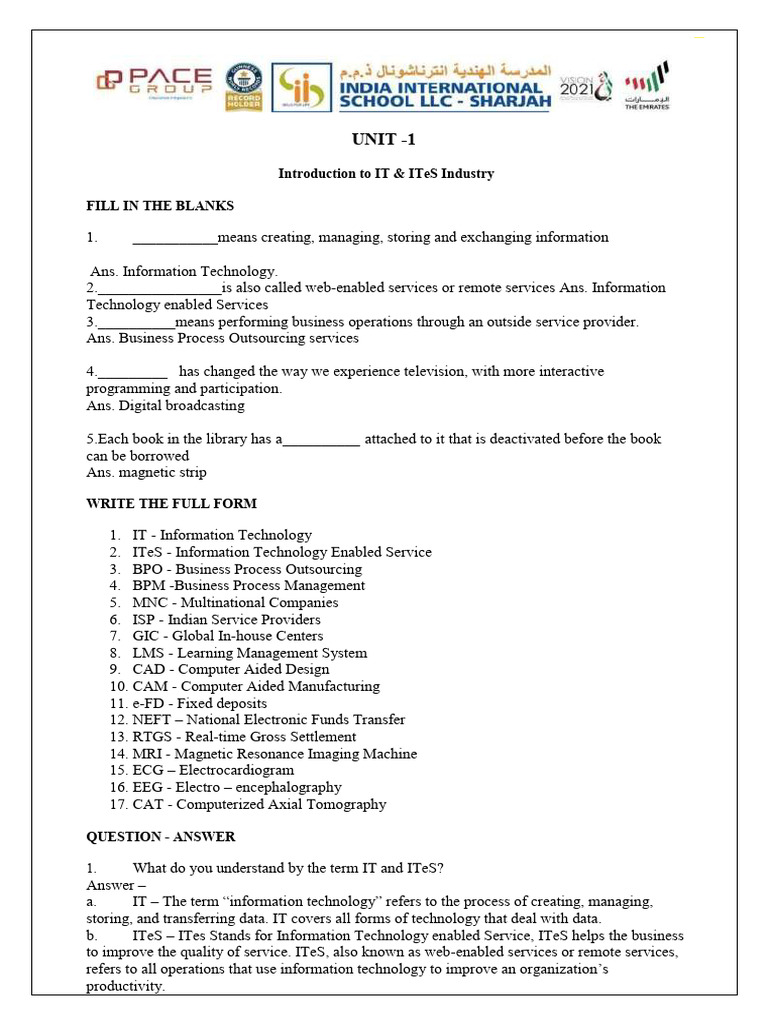 UNIT 1-IT&ITes UNIT 1 NOTES | PDF | Information And Communications ...
