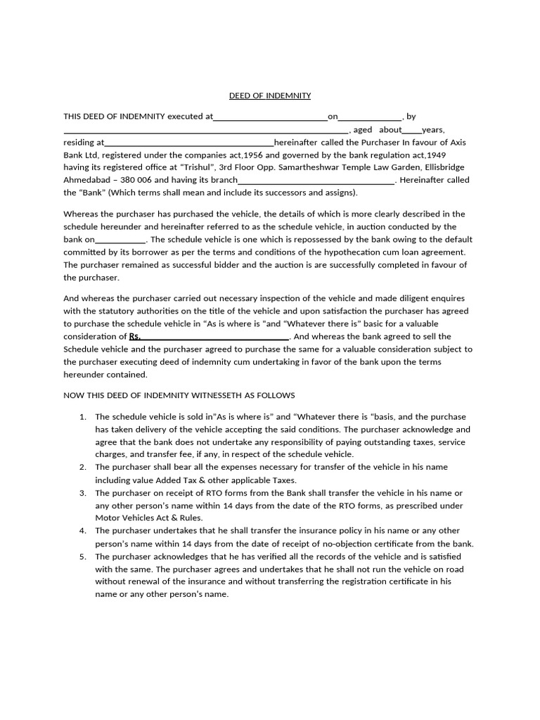 INDEMNITY Format For Repo Sale | PDF | Insurance | Indemnity