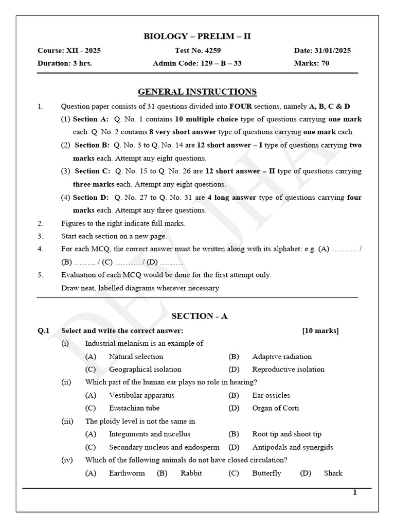 Biology Prelim-II-XII 2025_31.01.2025 | PDF | Multiple Choice | Genetics