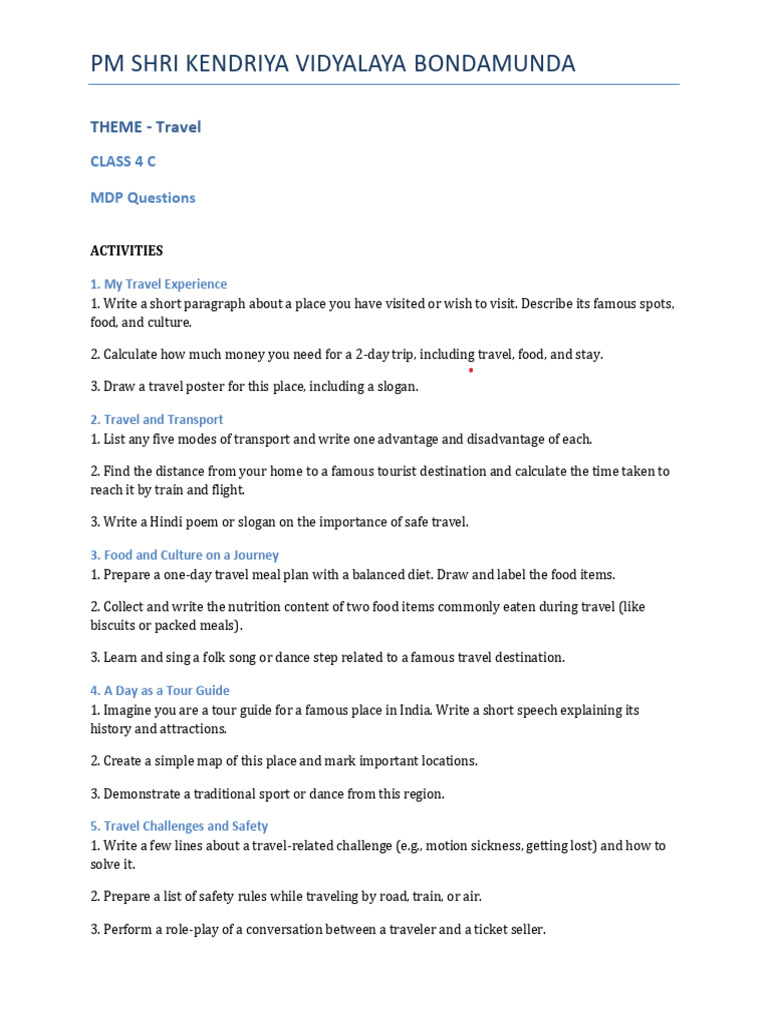 PM Shri KV Bondamunda Travel MDP Class 4c Questions | PDF