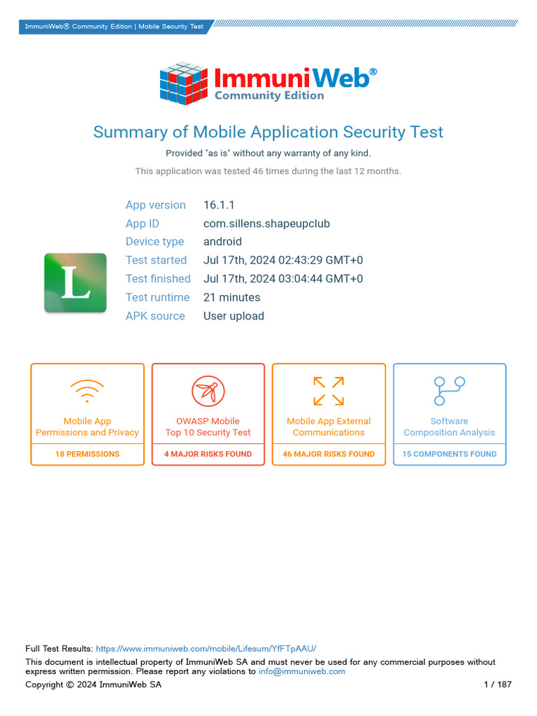 Lifesum ImmuniWeb Mobile App Security Test Report - YfFTpAAU | PDF ...