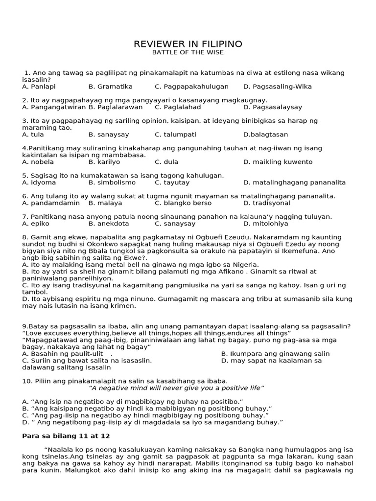 Reviewer in Filipino | PDF