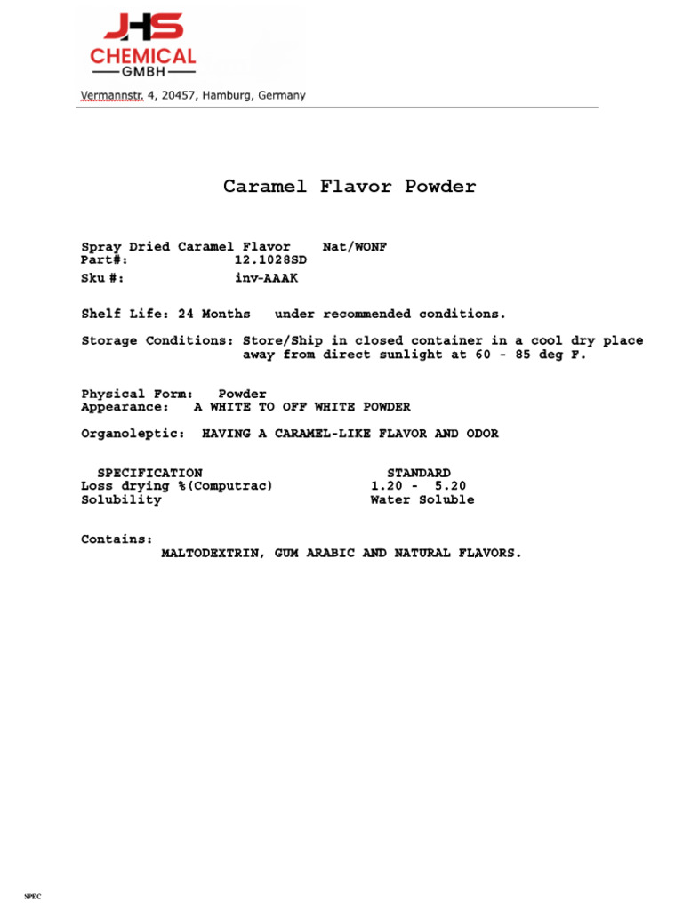 Spray Dried Caramel Flavor Powder | PDF | Nutrition | Diet & Nutrition