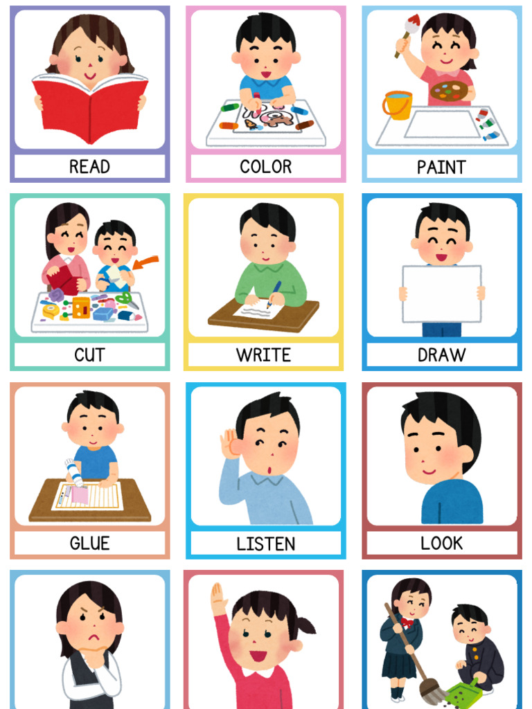 Classroom Actions Flashcards in Multicolor Watercolor Style | PDF