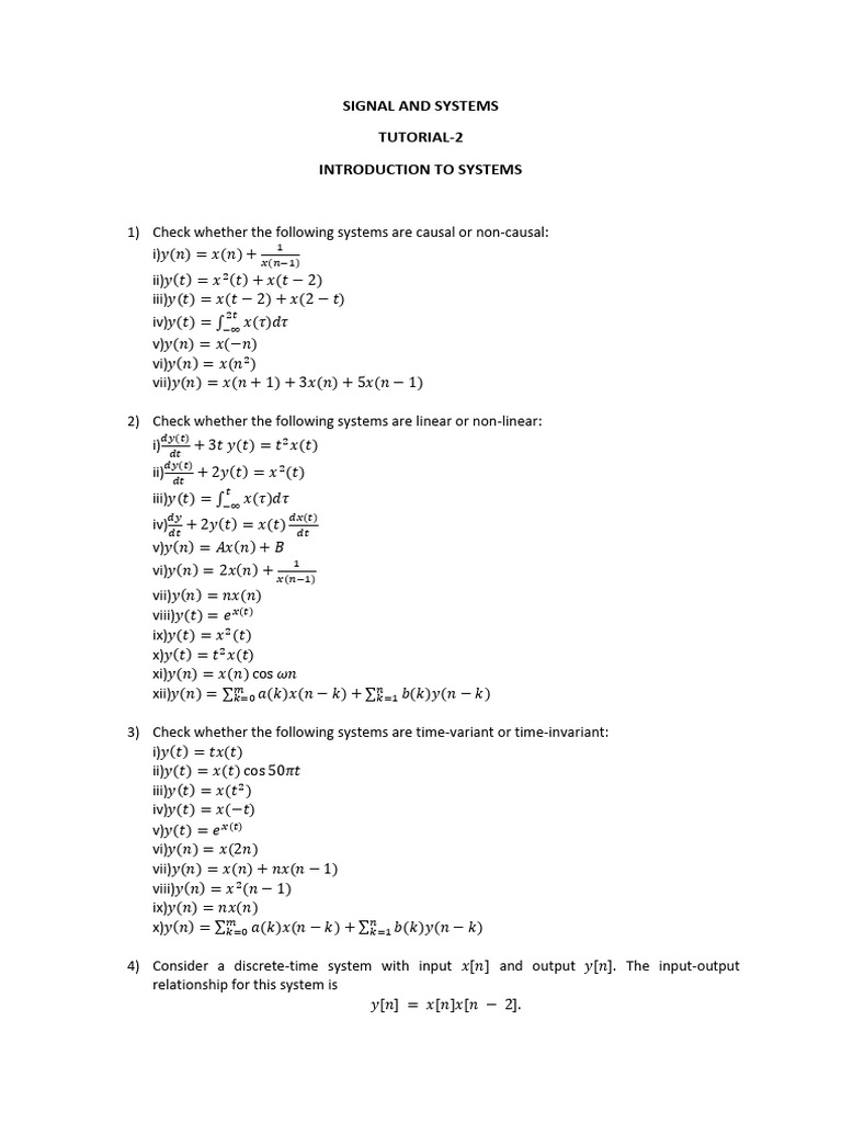 SIGNAL AND SYSTEMS Tutorial 2 Questions | PDF | Applied Mathematics | Computer Engineering