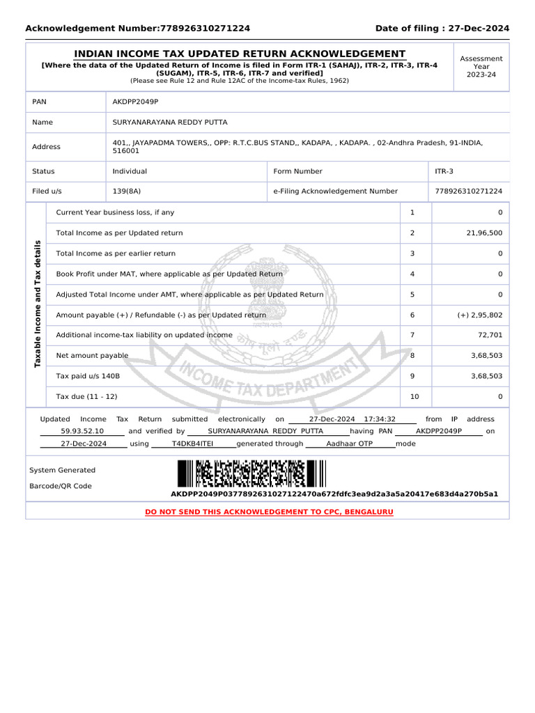 Suryanarayana Reddy Putta Ay-23-24 | PDF | Taxes | Capital Gain