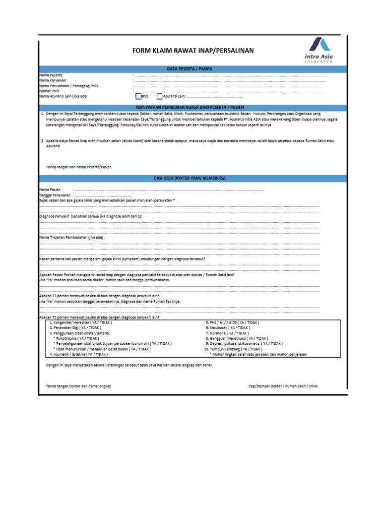Form Rawat Inap - Intra Asia Insurance | PDF