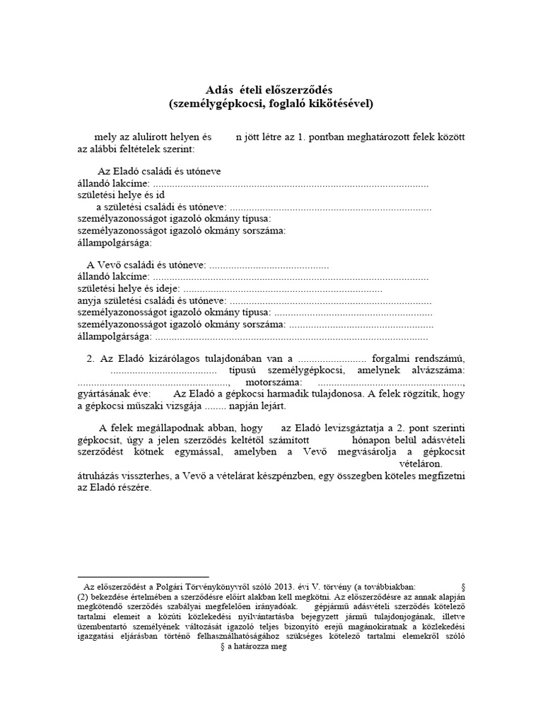 Adásvételi Előszerződés, Személygépkocsi, Foglaló Kikötésével | PDF