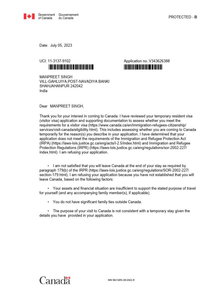 Manpreet Singh-Refusal Letter | PDF | Government And Personhood ...