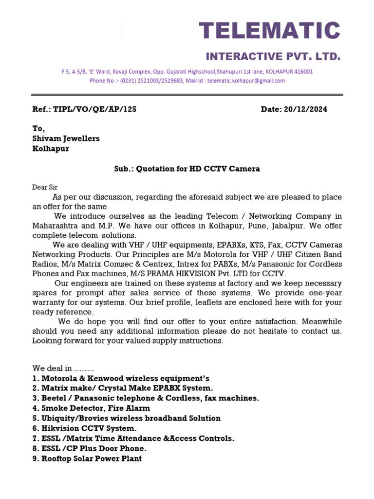 CCTV Quotation for Shivam Jewellers | PDF | Electronics | Information And Communications Technology