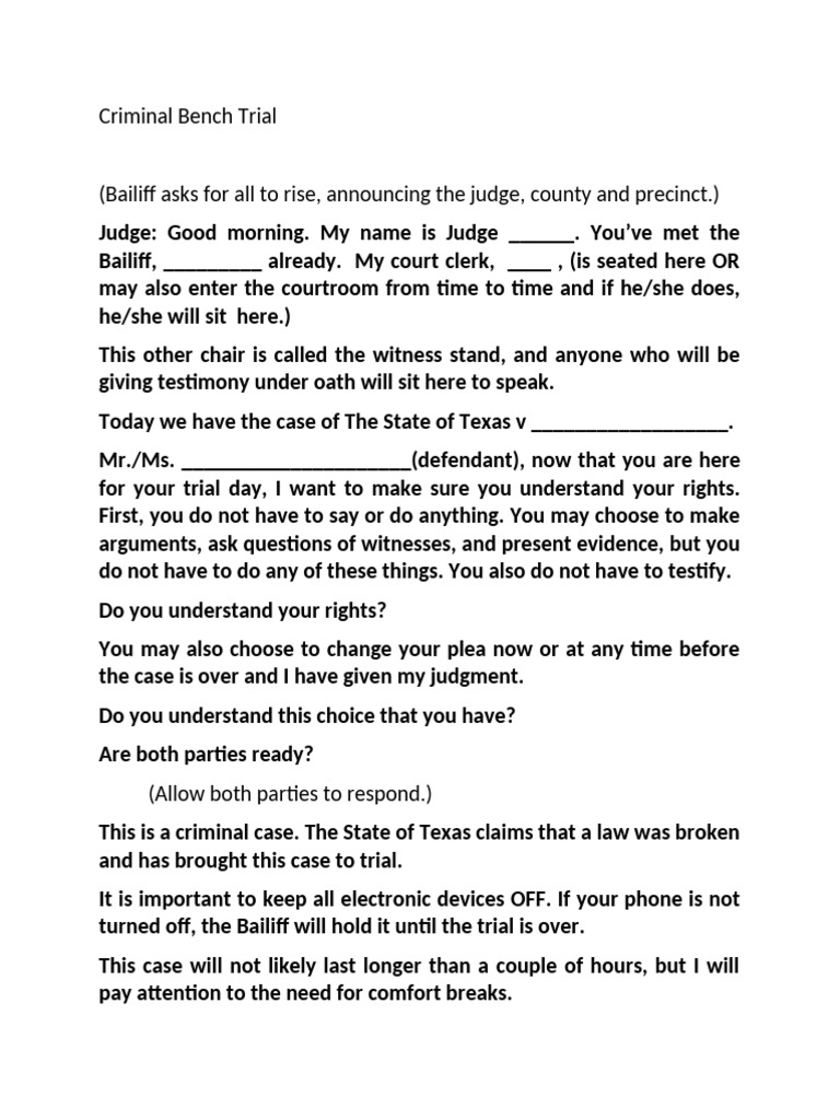 Criminal Bench Trial Script | PDF | Witness | Courtroom