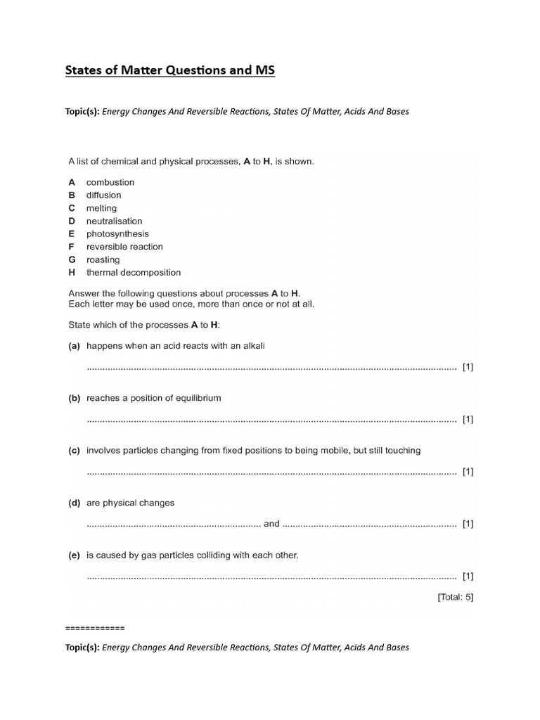 States of Matter Questions and MS | PDF
