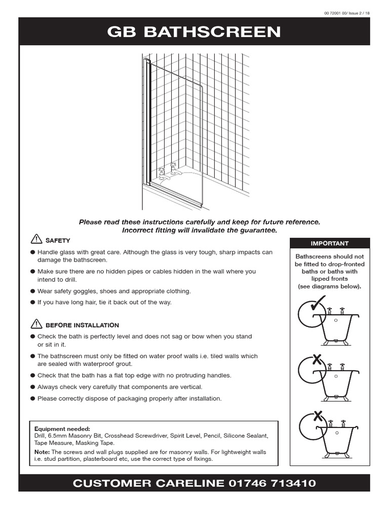 Coram Square Edge Bath Screen Installation Guide | PDF | Wall | Silicone
