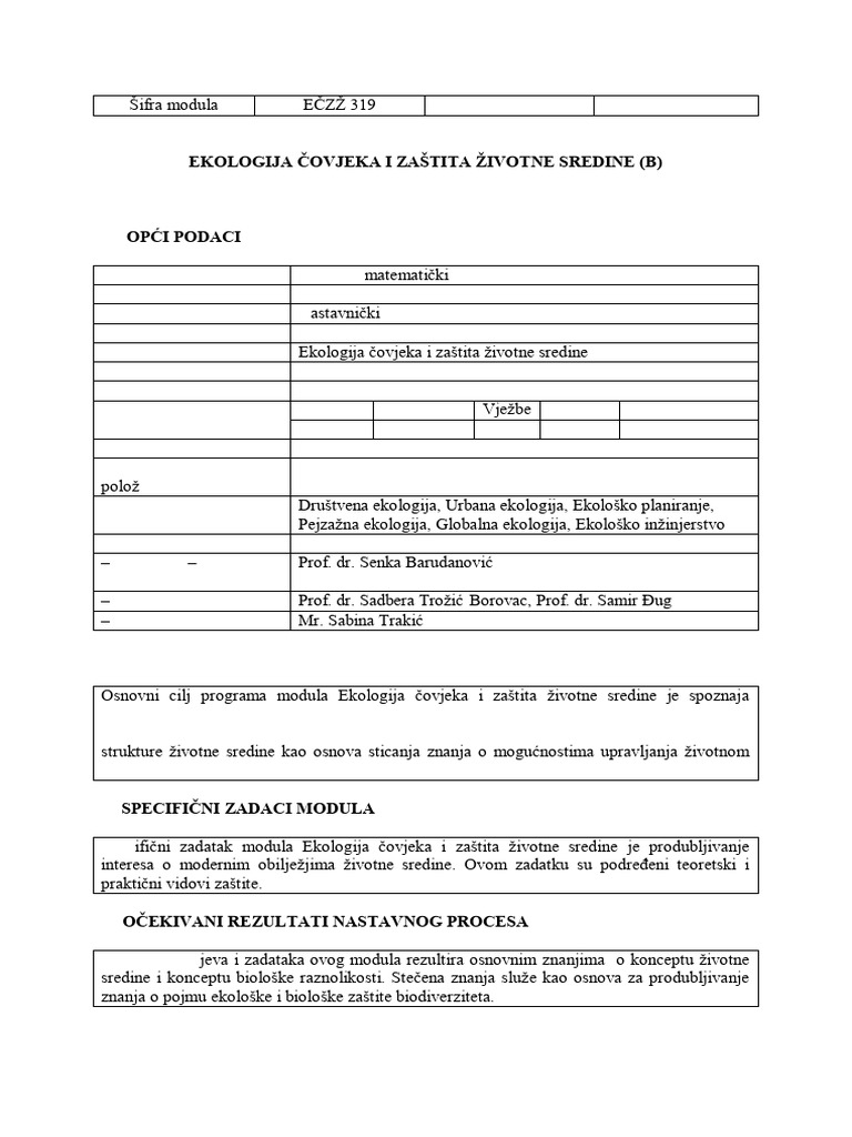 Ekologija Covjeka I Zastita Zivotne Sredine | PDF