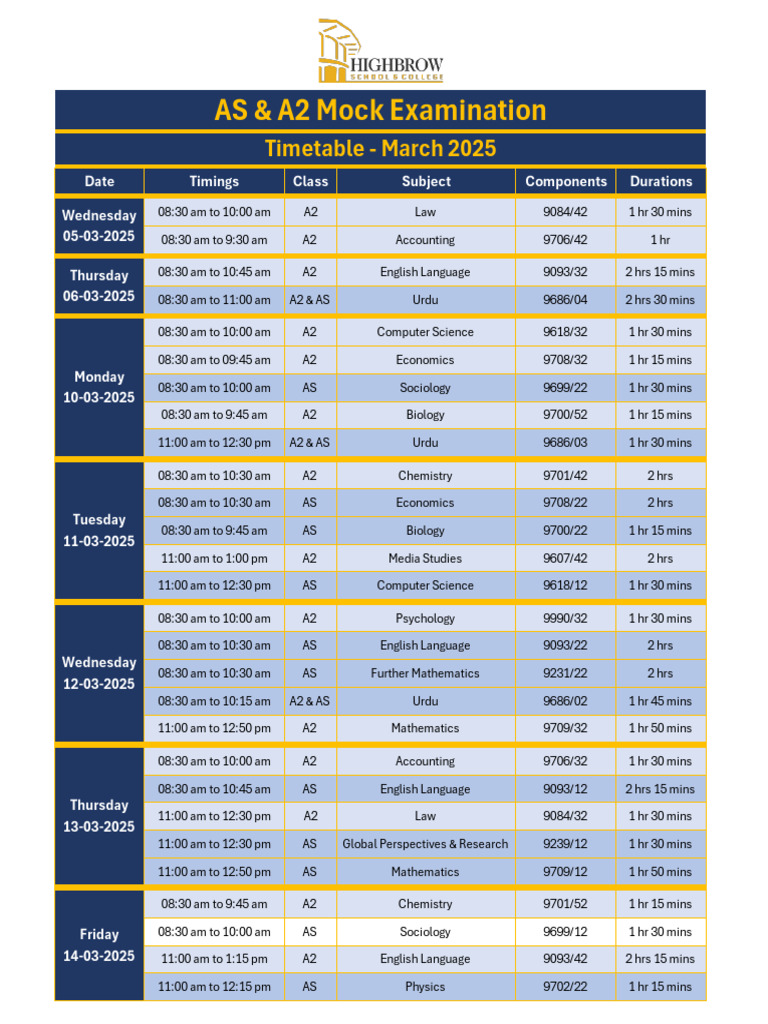 March 2025 A2 & AS Mock Exam Timetable | PDF | Science