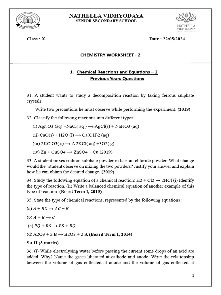 Chemical reactions and equations - WS2 | PDF | Chemical Reactions | Precipitation (Chemistry)
