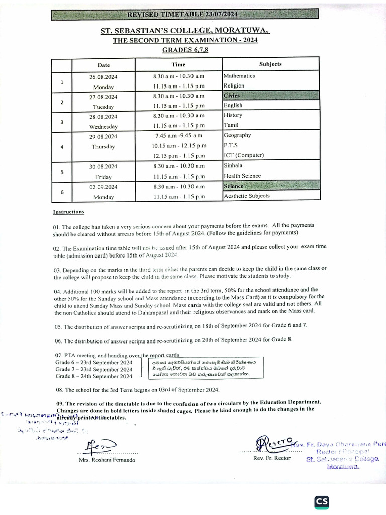 Grade 6,7,8 Revised Timetable | PDF