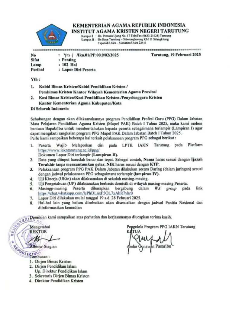 Surat Pemberitahuan Lapor Diri Peserta Batch 1 LPTK IAKN Tarutung | PDF