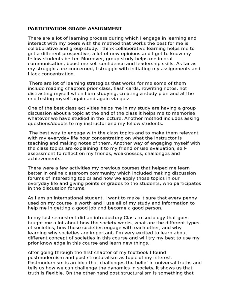 PARTICIPATION GRADE ASSIGNMENT | PDF | Knowledge | Lecture