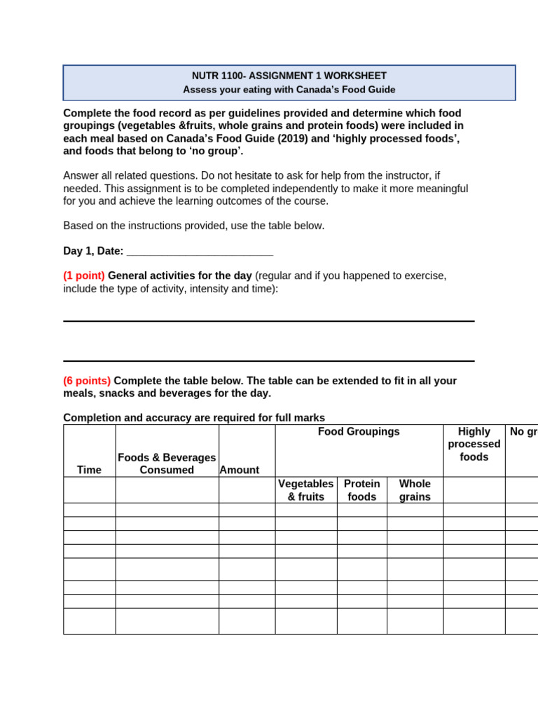 Canada’s Food Guide Eating Assessment Worksheet | PDF | Goal | Foods