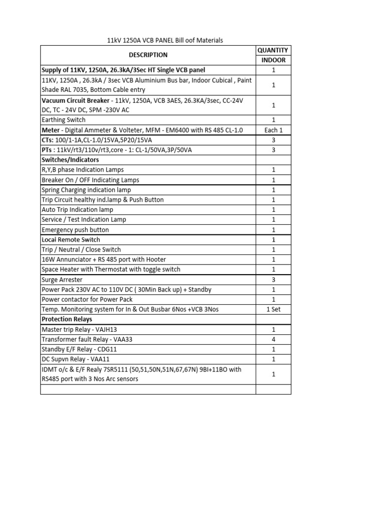 11kV 1250A VCB Panel Specifications | PDF | Switch | Relay