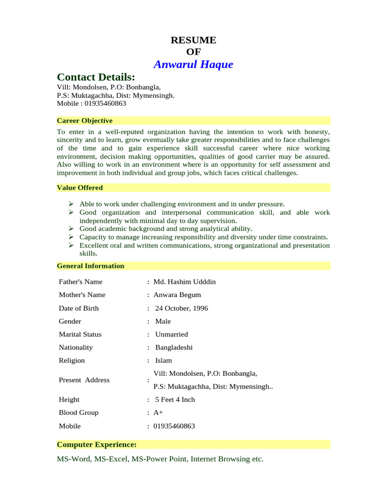 Resume of Anwarul Haque - Career Goals | PDF | Social Psychology ...