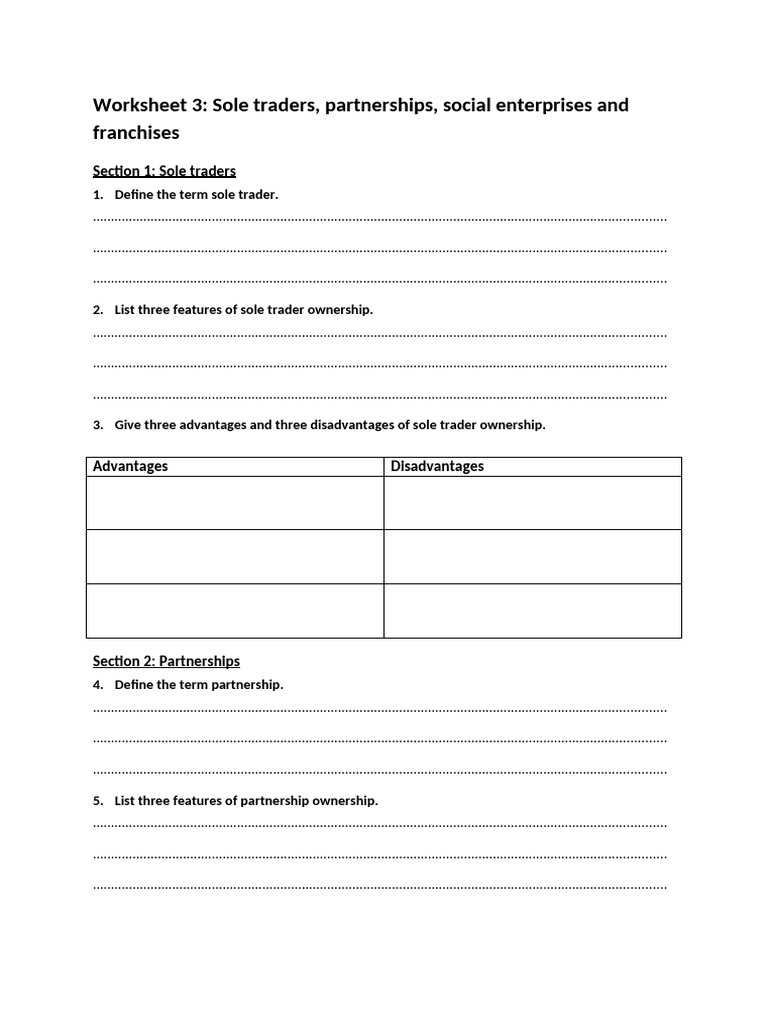 Worksheet 3 Sole Traders Partnerships Social Enterprises | PDF ...
