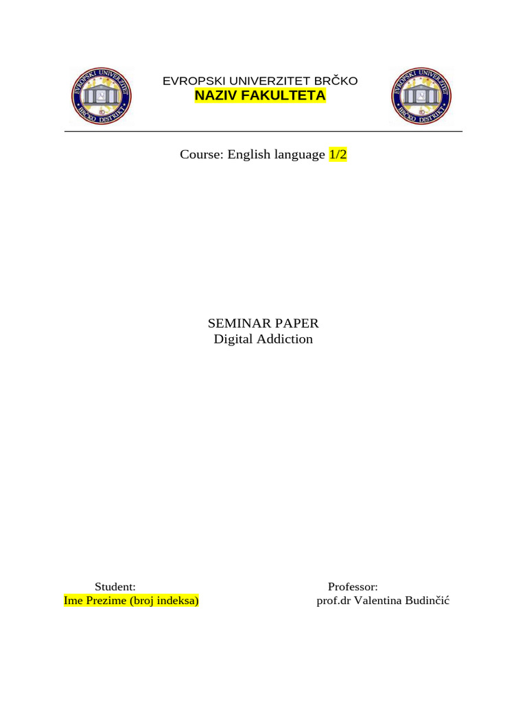 Obrazac Za Seminarski Rad | PDF