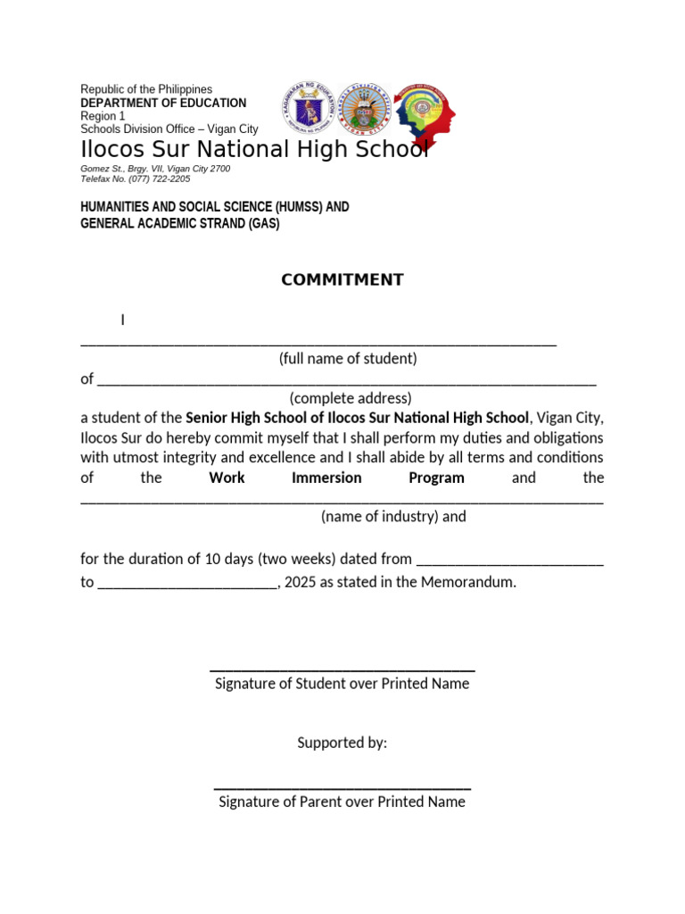 HUMSS GAS Work Immersion Commitment Form | PDF