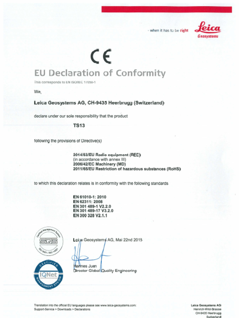 Leica EU Conformity Declaration For Leica TS13 QDC | PDF