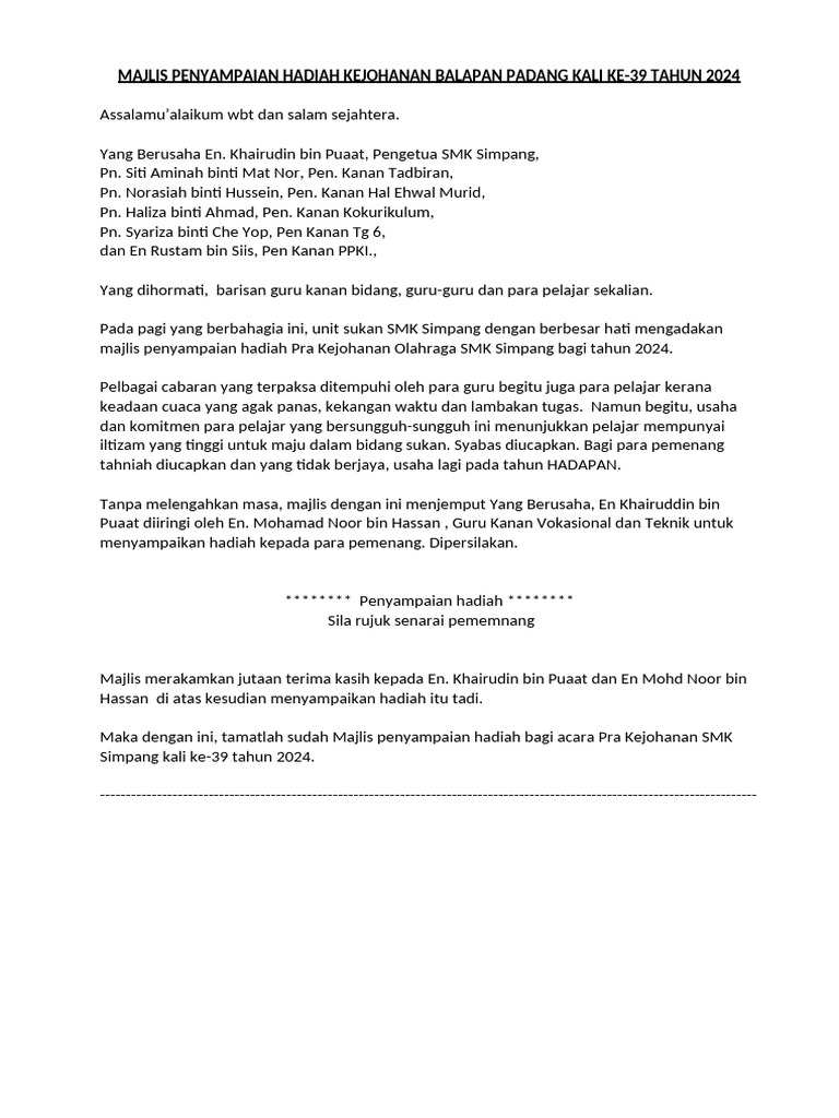 Skrip Pengacara Pra Kejohanan 2024 | PDF