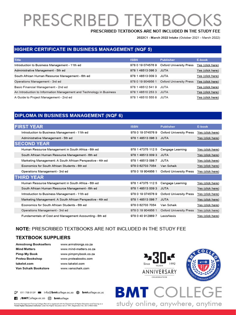 BMT College Prescribed Textbooks List | PDF | Textbook