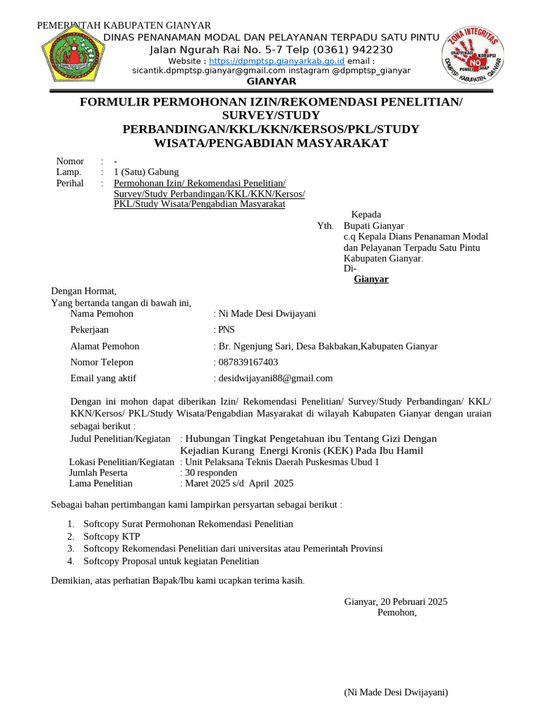 Surat Pengantar Kampus Izin Penelitian Ke PTSP | PDF