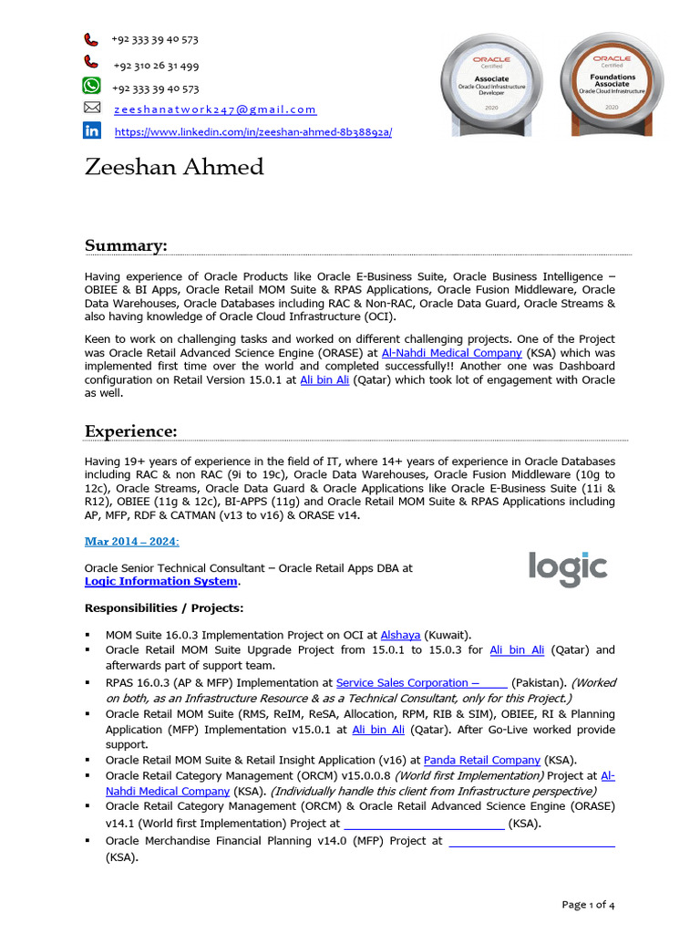 Zeeshan - Sr. Oracle APPS DBA - Sr. Tecnical Consultant (Infrastructure) - EBS, BI Apps & Retail ...