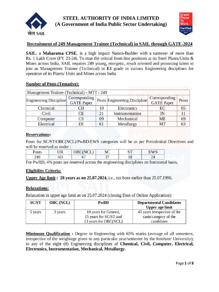 Recruitment of MTTech Using GATE 2024 Detailed Advt English PER | PDF