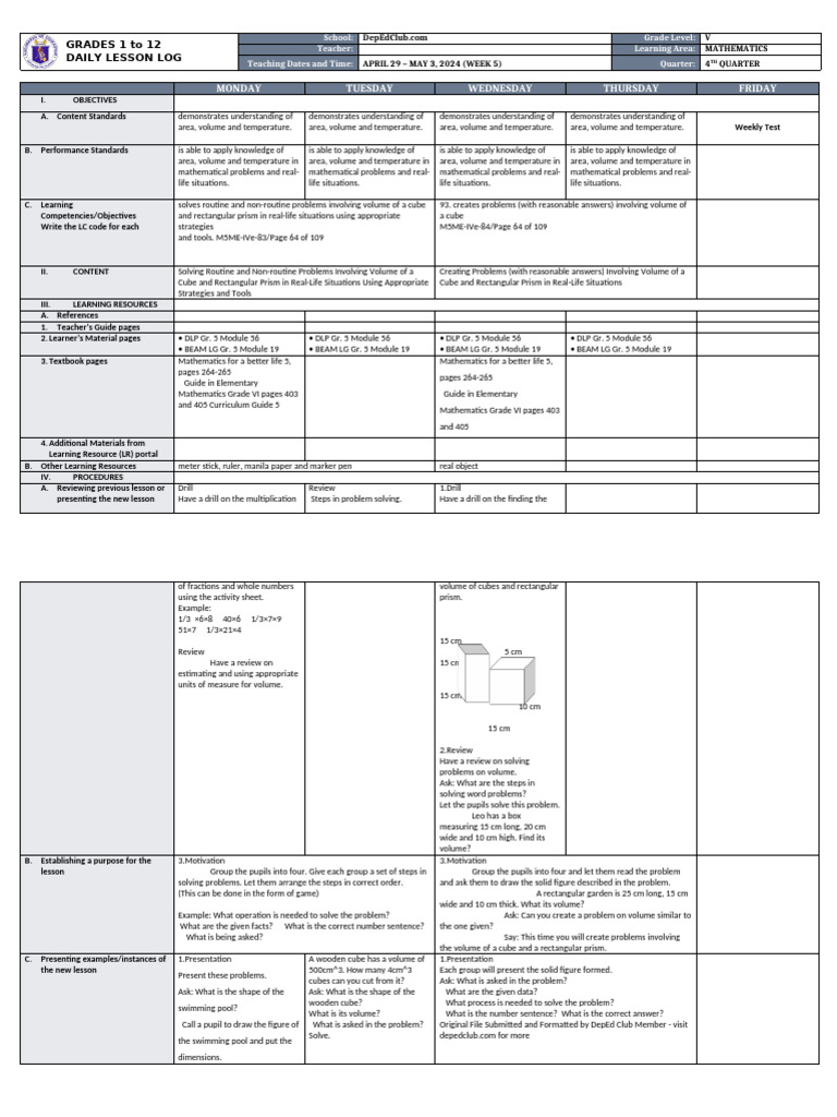 DLL_MATHEMATICS 5_Q4_W5 | PDF | Volume | Mathematics