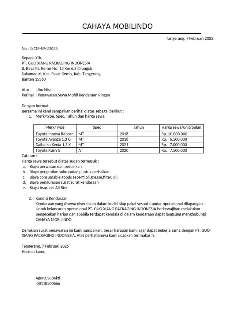 Penawaran Harga Sewa Mobil | PDF