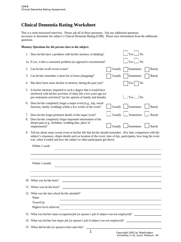 Clinical Dementia Rating Worksheet: Memory Questions For The Person ...