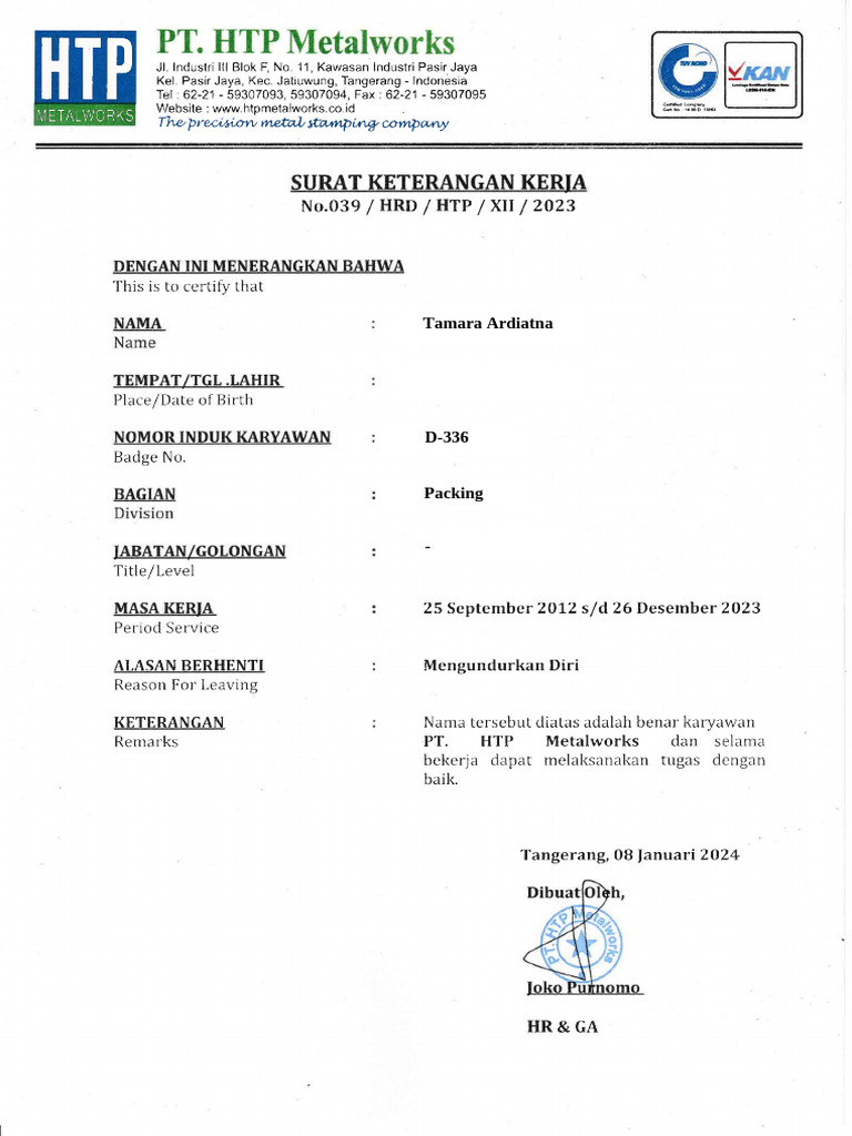 Surat Paklaring Tamara | PDF