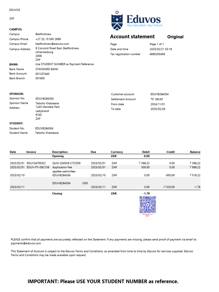 Eduvos Account Statement Summary | PDF | Banks | Payments
