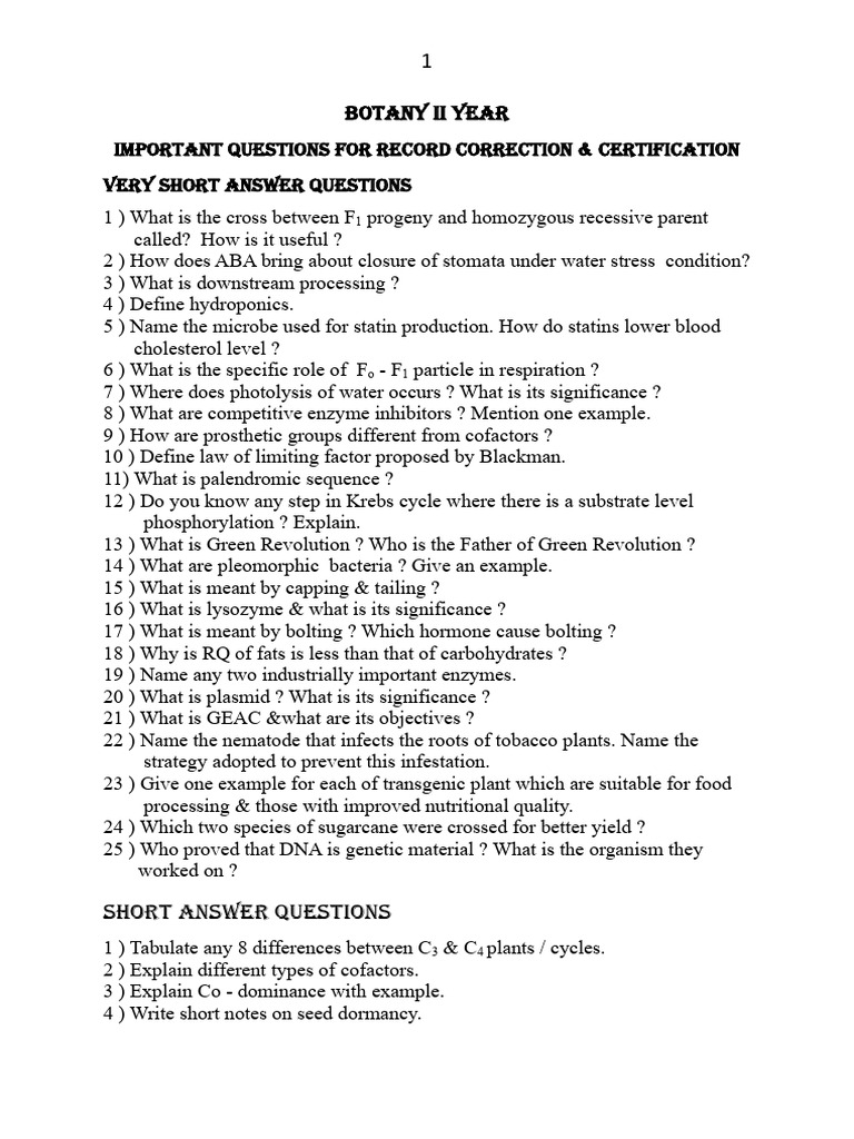 Botany II Year: Key Questions & Answers | PDF | Enzyme | Cellular ...